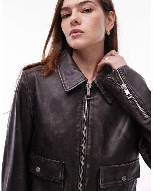 TOPSHOP Premium Real Leather Zip Through Jacket in Black | Lyst