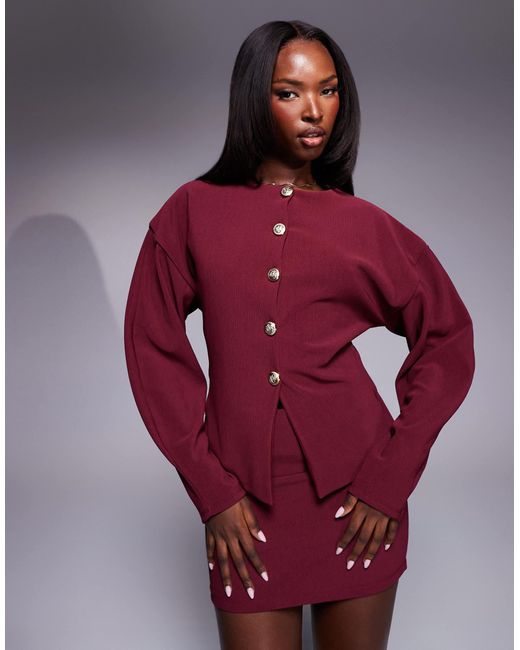 ASOS Co-ord Ribbed Balloon Sleeve Structu Top With Gold Buttons in Red ...