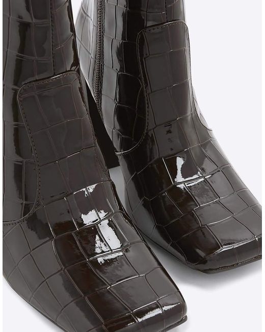 River Island Croc Texture Flared Block Heel Boots in Brown | Lyst UK