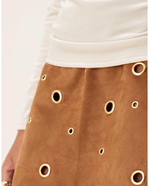 ASOS Suedette Eyelet Mini Skirt in Natural | Lyst