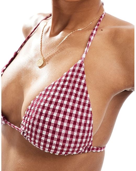 Pull&Bear Gingham Check Triangle Bikini Top in Red | Lyst
