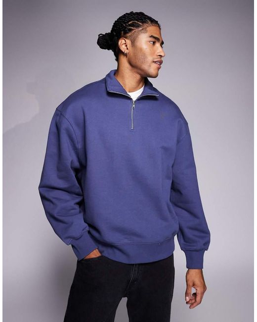 ASOS Premium Heavyweight Oversized Quarter Zip 400Gsm in Blue for Men ...
