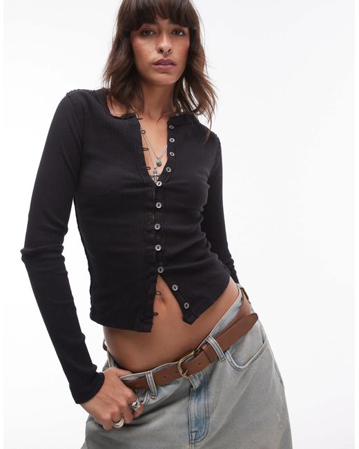 Free People Button Up Ribbed Shrunken Cardigan in Black | Lyst