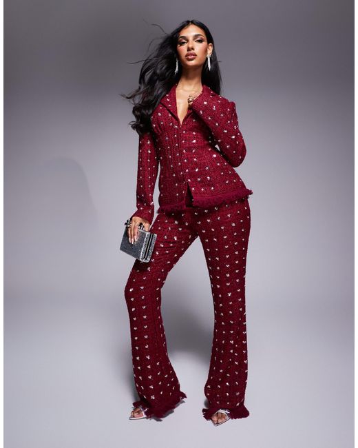 ASOS Embellished Boucle Blazer Co-Ord With Faux Feather Hem in Red | Lyst