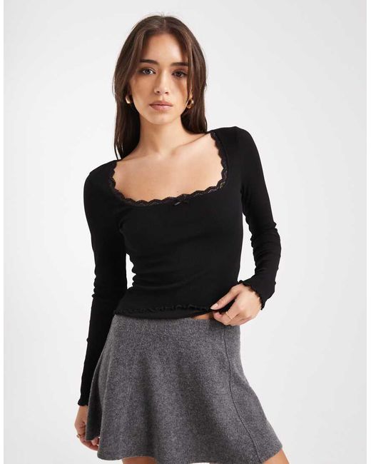 Miss Selfridge Rib Square Neck Top in Black | Lyst UK