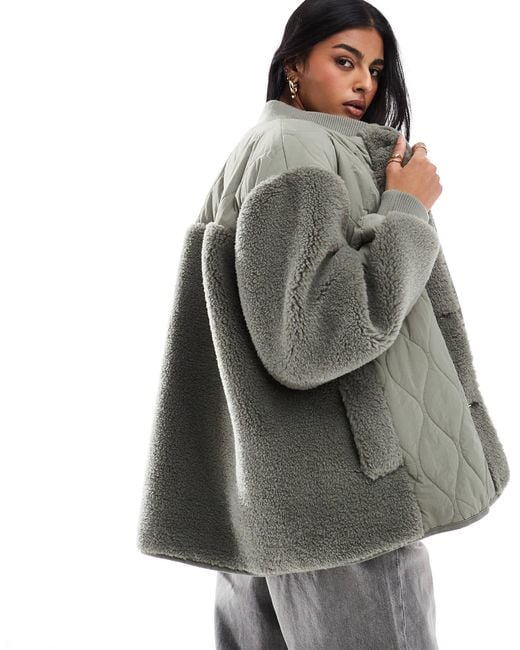 ASOS Borg Spliced Puffer Jacket in Gray | Lyst