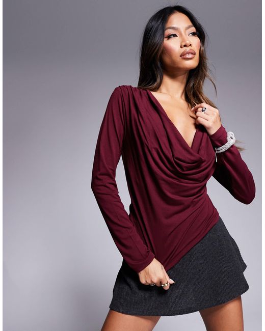 ASOS Deep Cowl Plunge Neck Long Sleeve Top in Red | Lyst