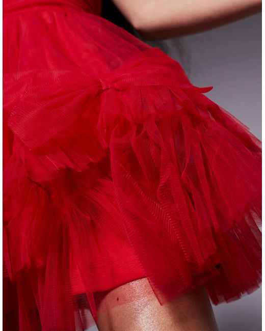 LACE & BEADS Corset Overlay Tulle Bow Mini Dress in Red | Lyst