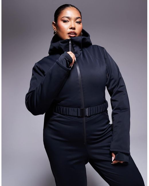 ASOS Curve Belted Ski Suit With Skinny Leg And Hood in Blue | Lyst