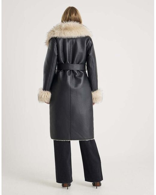 River Island Faux Shearling Lined Trench Coat in Black | Lyst UK