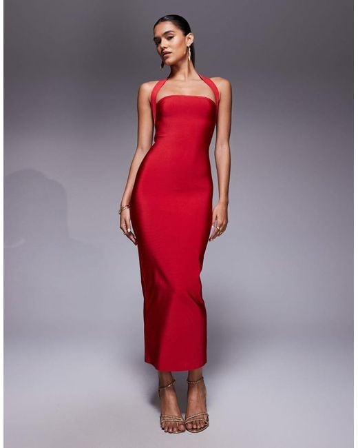 ASOS Bandage Square Neck Halter Midi Dress in Red | Lyst UK