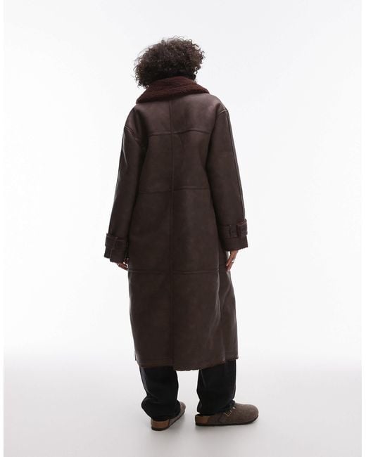 TOPSHOP Faux Leather Shearling Long Aviator Jacket in Black | Lyst