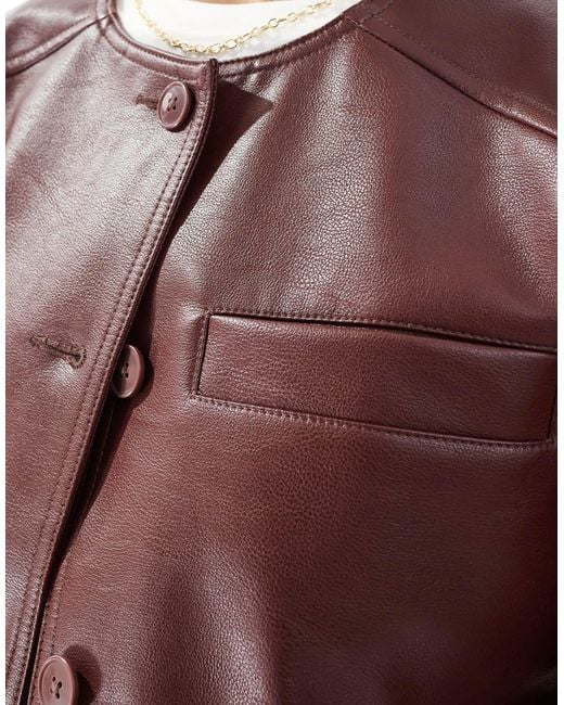 ASOS Collarless Clean Leather Look Jacket in Purple | Lyst