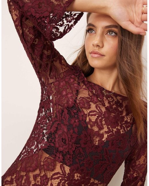 ASOS Lace Maxi Dress With Angel Sleeves in Red | Lyst