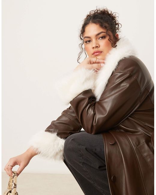 ASOS Asos Design Curve Faux Fur Collar And Cuff Longline Leather Look Coat in Natural | Lyst