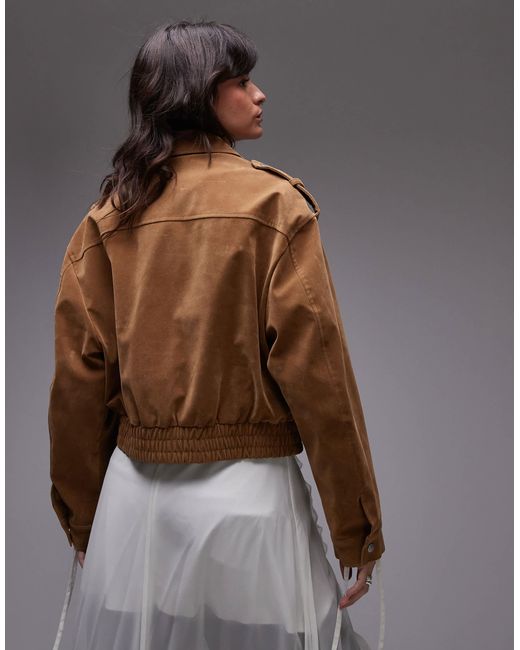 TOPSHOP Cropped Faux Suede Bomber Jacket With Snap Details in Gray | Lyst