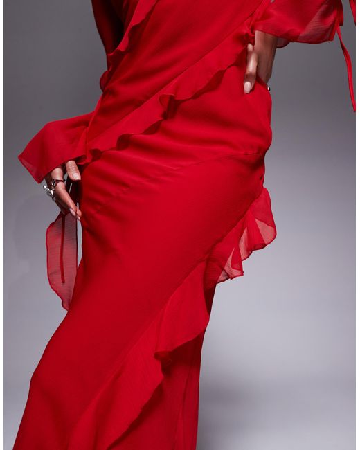 DASKA Chiffon Maxi Dress With Frill Details in Red | Lyst