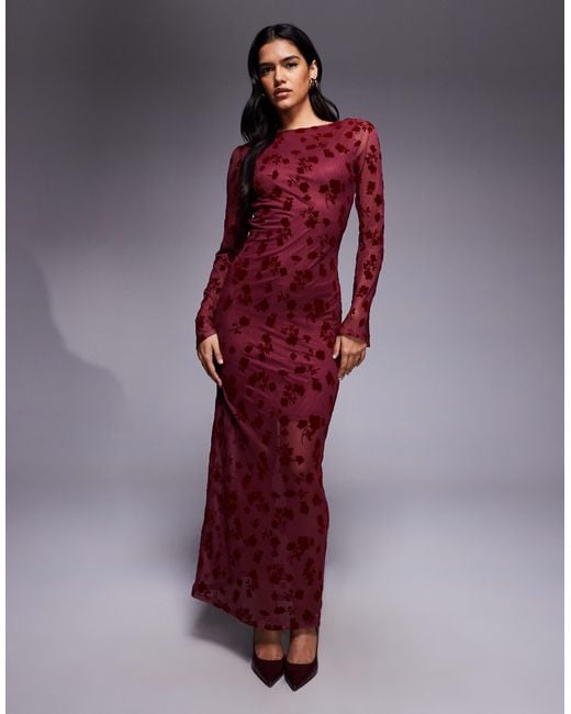 ASOS Floral Flock Maxi Dress With Flute Sleeve Detail in Red | Lyst