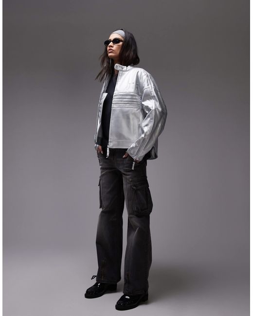 House Of Sunny Faux Leather Racing Jacket in Gray | Lyst