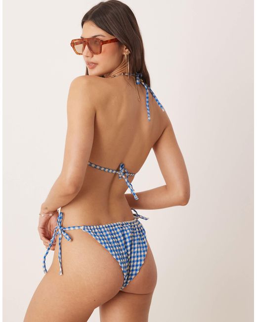 ASOS Seersucker Tie Side Bikini Bottom in Blue | Lyst