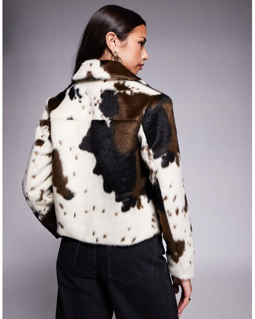 River Island Cow Print Faux Pony Hair Jacket in Black | Lyst