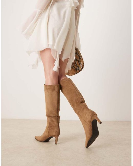 New Look Suedette Kitten Heel Knee Boots in Natural | Lyst UK