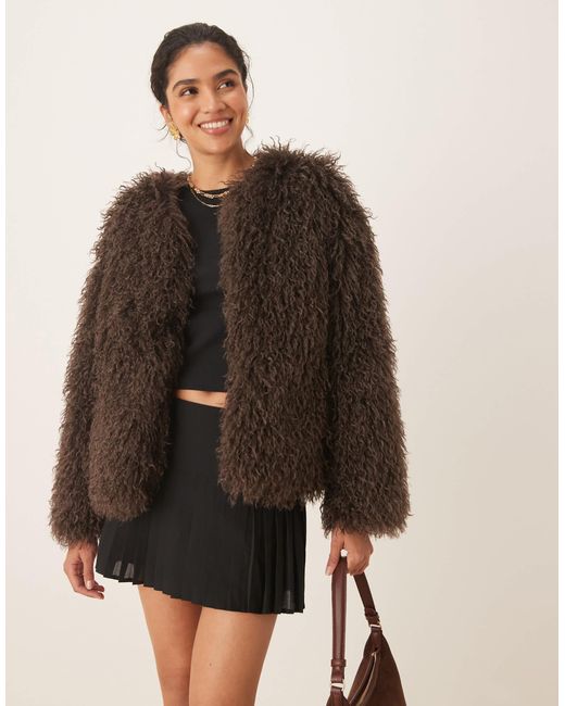 Pretty Lavish Shaggy Faux Fur Coat in Brown | Lyst