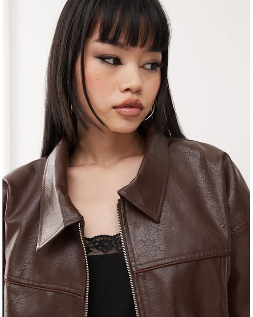 Princess Polly Leather Look Oversized Bomber Jacket in Brown | Lyst