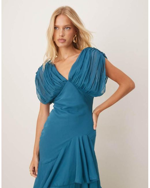ASOS Blouson Bias Maxi Dress With Ruffle Hem in Blue | Lyst UK