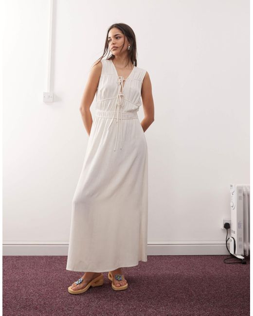 Reclaimed (vintage) Maxi Linen Blend Sun Dress With Ruching And Ties in ...
