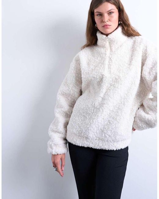 TOPSHOP Borg Quarter Zip Top in White | Lyst UK