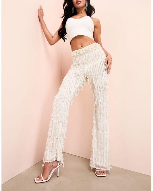 Asos Flare Trousers With Faux Pearl Embellishment In Natural Lyst