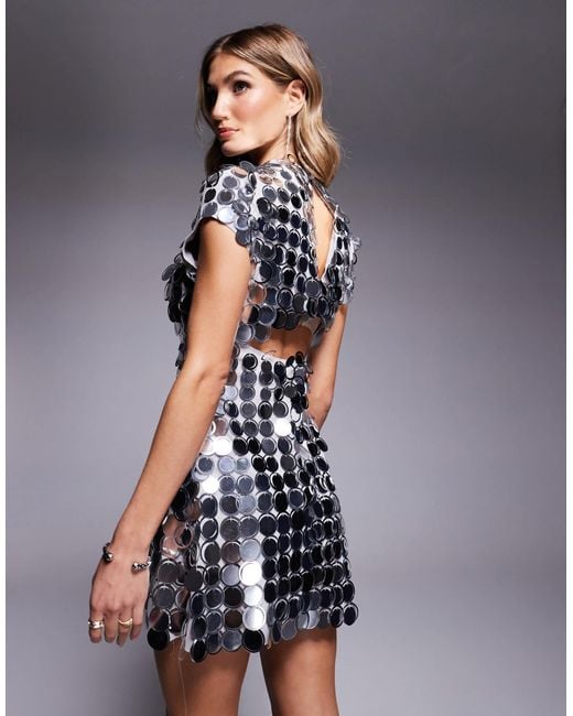 ASOS High Neck Cap Sleeve Disc Sequin Mini Dress With Cut Out in Blue ...