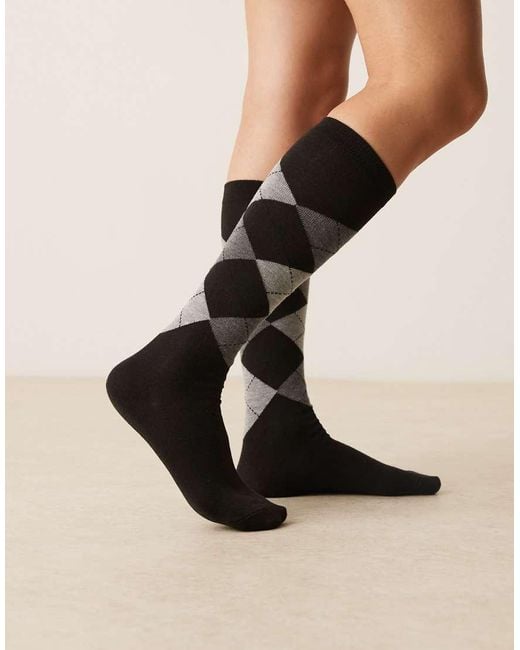 ASOS Knee High Argyle Check Socks in Natural | Lyst UK