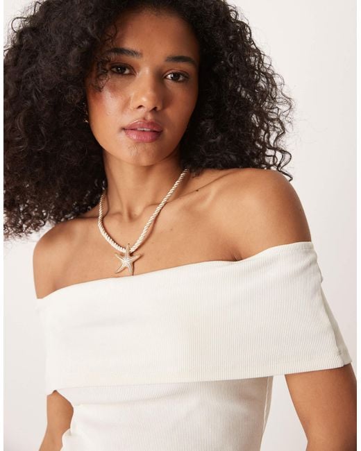 ASOS Fold Over Ribbed Bardot Top in White | Lyst