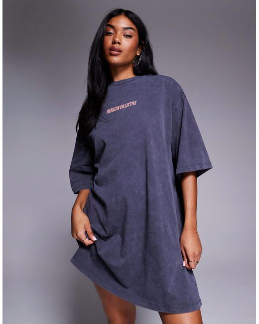 ASOS Weekend Collective T-shirt Dress With Stacked Back Logo in Blue | Lyst