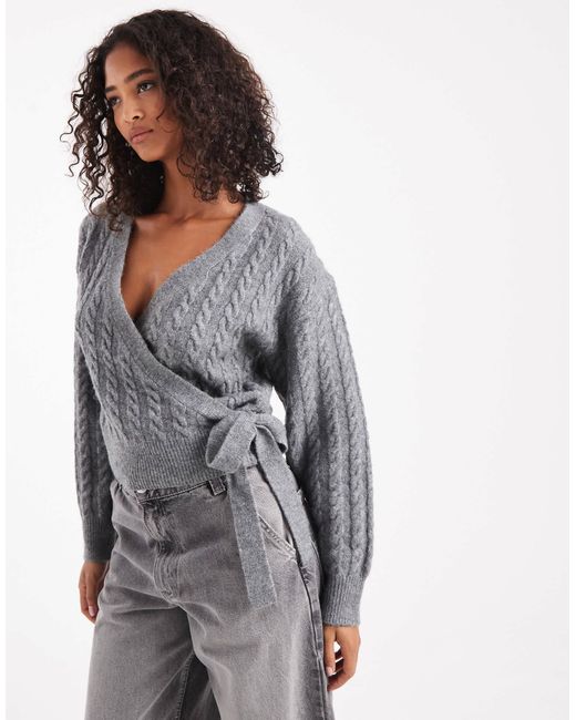 New Look Cable Knit Wrap Cardigan in Gray | Lyst