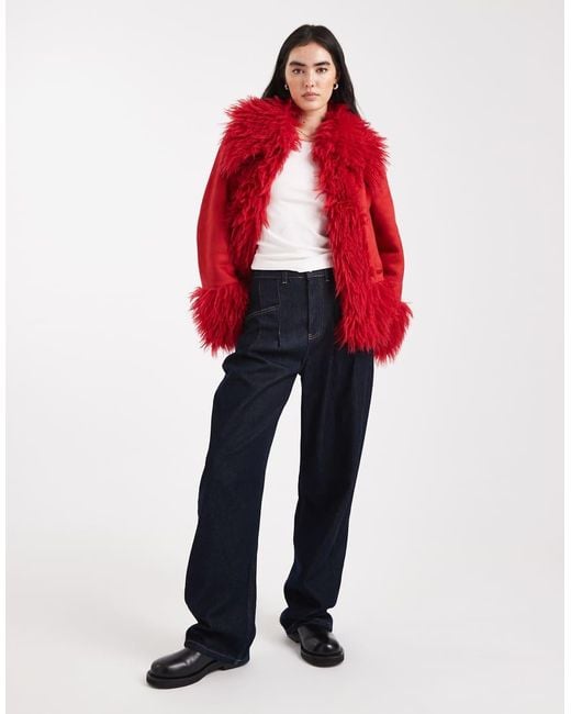 ASOS Penny Lane Faux Fur Trim Coat in Red | Lyst UK