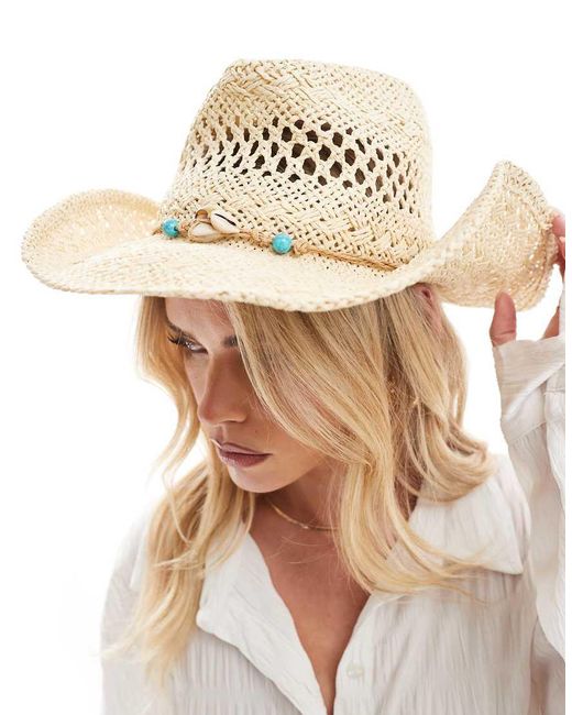 Accessorize Western Shell Bead Trim Hat in Natural | Lyst UK