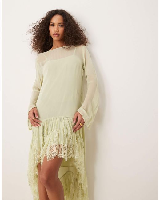 ASOS Long Sleeve Sheer Lace Detailed Asymmetric Hem Maxi Dress in ...