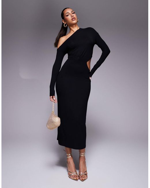 ASOS Fallen Shoulder Long Sleeve Ruched Cut Out Midi Dress in Blue | Lyst