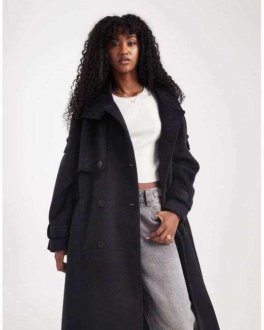 ASOS Brushed Longline Funnel Neck Trench Coat in Blue | Lyst UK