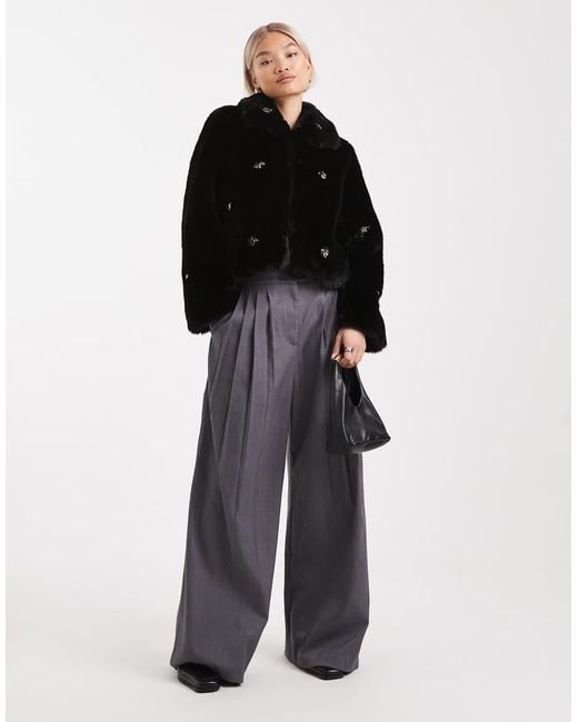 French Connection Embellished Cropped Faux Fur Coat in Black | Lyst UK