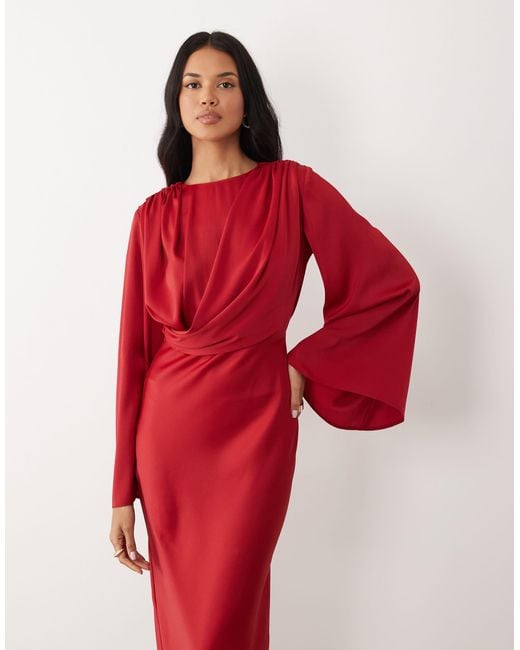 ASOS Flute Sleeve Draped Dress in Red | Lyst