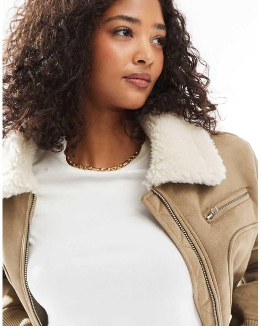 Pull&Bear Faux Suede Shearling Collar Bomber Jacket in Natural | Lyst UK