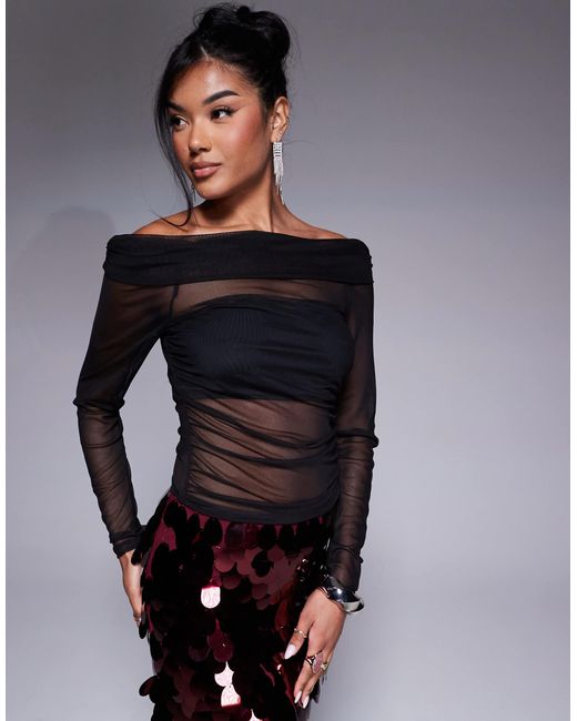 ASOS Fold Over Gathered Off Shoulder Long Sleeve Mesh Top in Blue | Lyst
