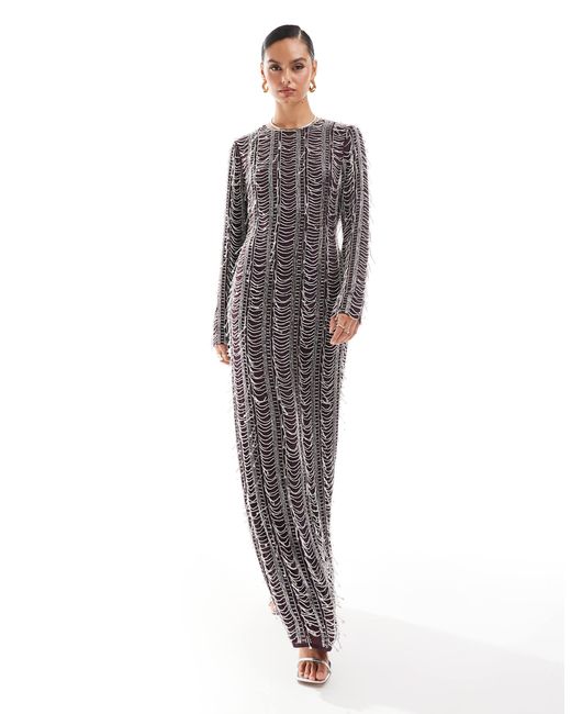 ASOS Allover Embellished Column Long Sleeve Maxi Dress in Purple | Lyst