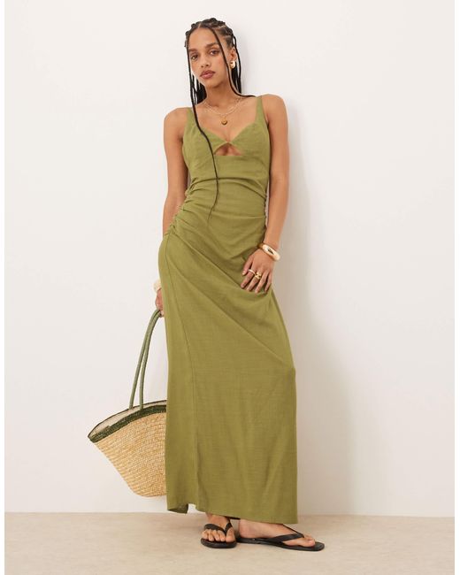 ASOS Linen Mix Maxi Sundress With Bralet Cut Out in Natural | Lyst