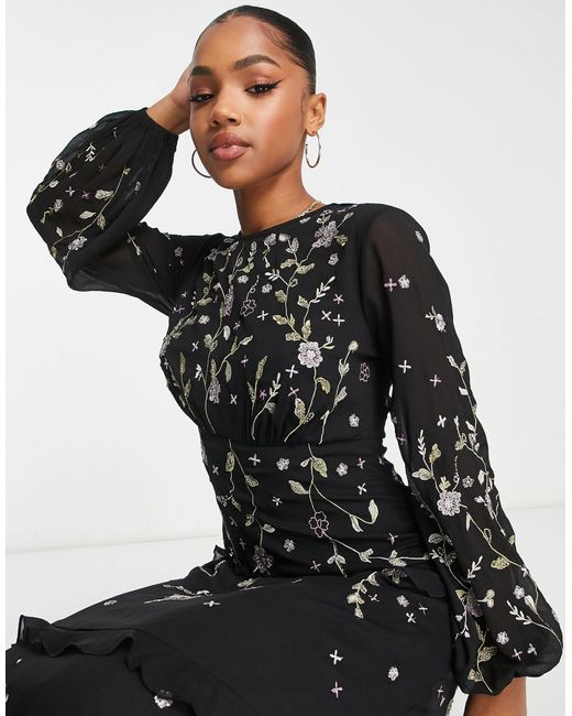 Asos Floral Embroidered Maxi Dress With Tiered Skirt And Embellishment