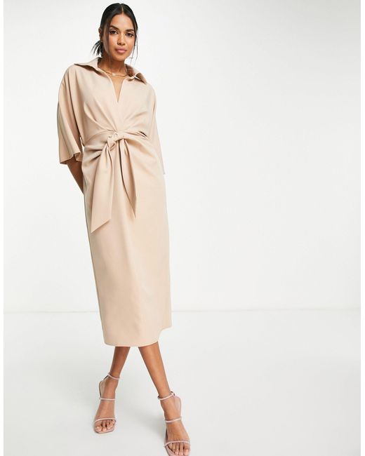 Asos Collared Wrap Front Batwing Midi Dress With Knot In Natural Lyst